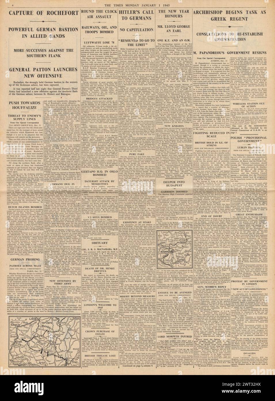 1945 The Times reporting RAF bomb Berlin, Battle of the Bulge, Lloyd ...