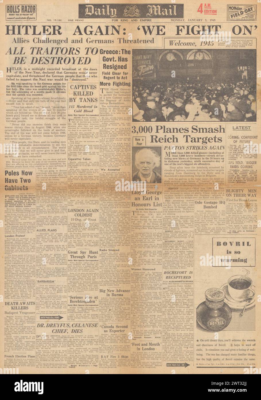 1945 Daily Mail front page reporting Heavy Allied bombing of Germany ...