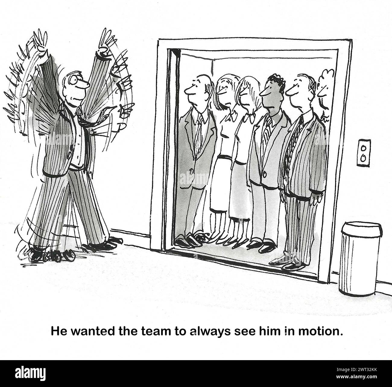 BW cartoon showing a team leader in motion, he feels his team should ...