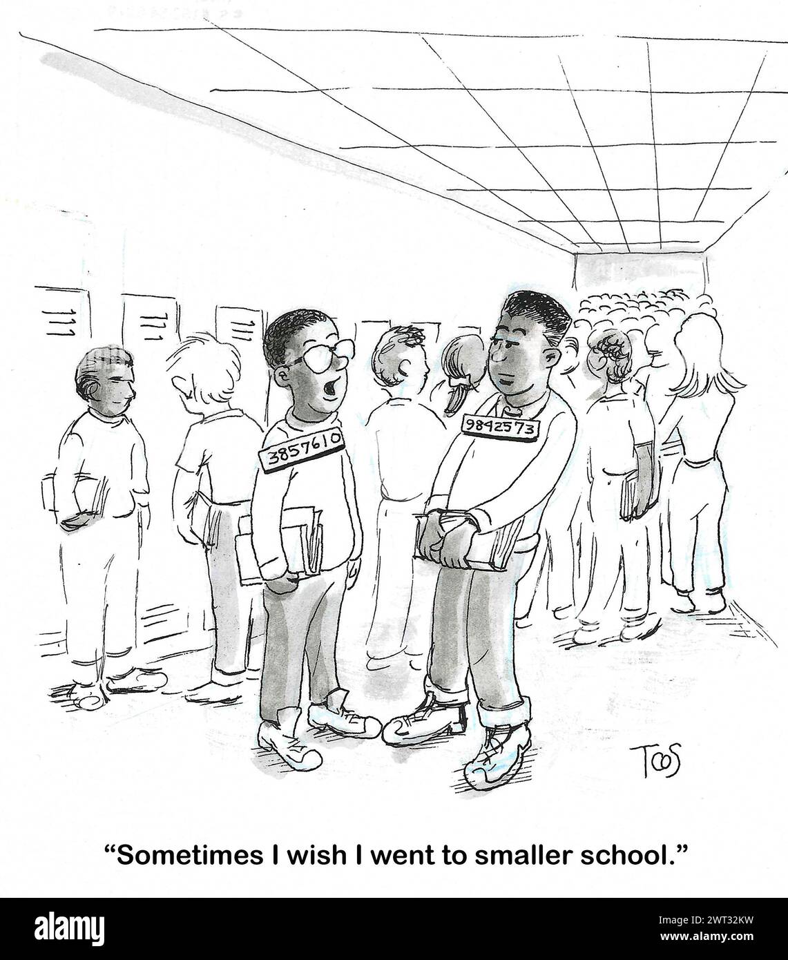 BW cartoon of a high school so large that the students have to wear ...