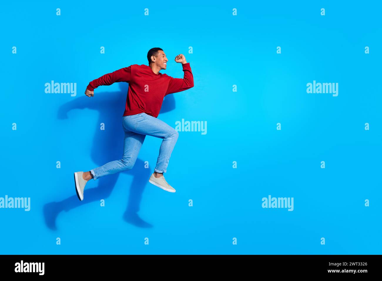 Full body profile photo of cheerful energetic person jump run empty ...