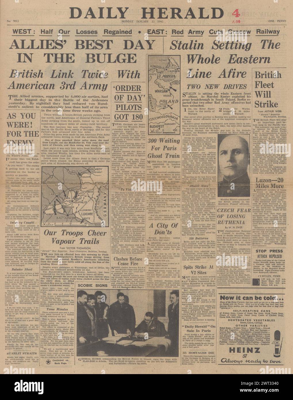 1945 Daily Herald front page reporting Battle of the Bulge and big Red ...