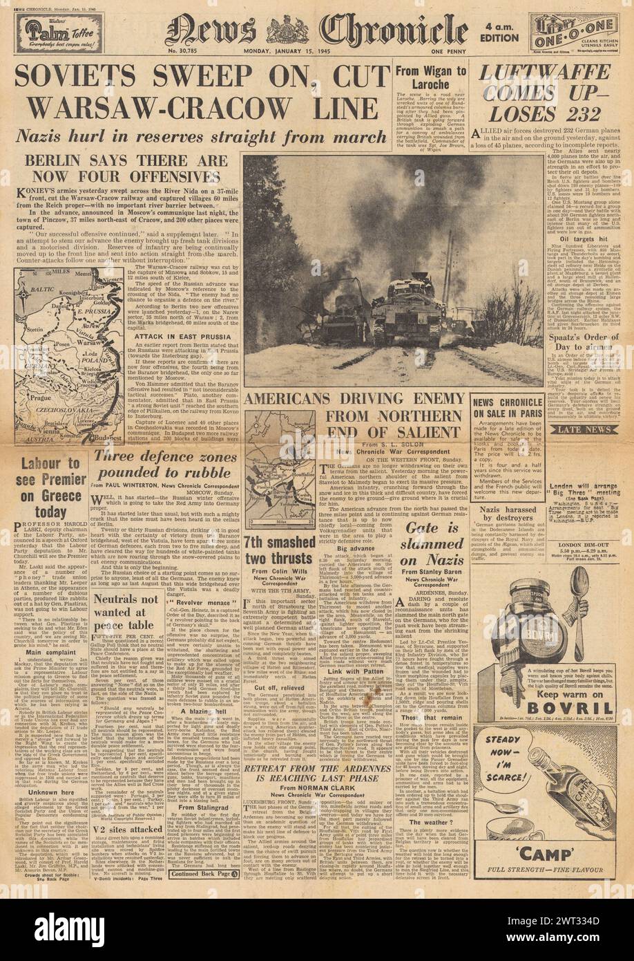 1945 News Chronicle front page reporting Battle of the Bulge and big ...