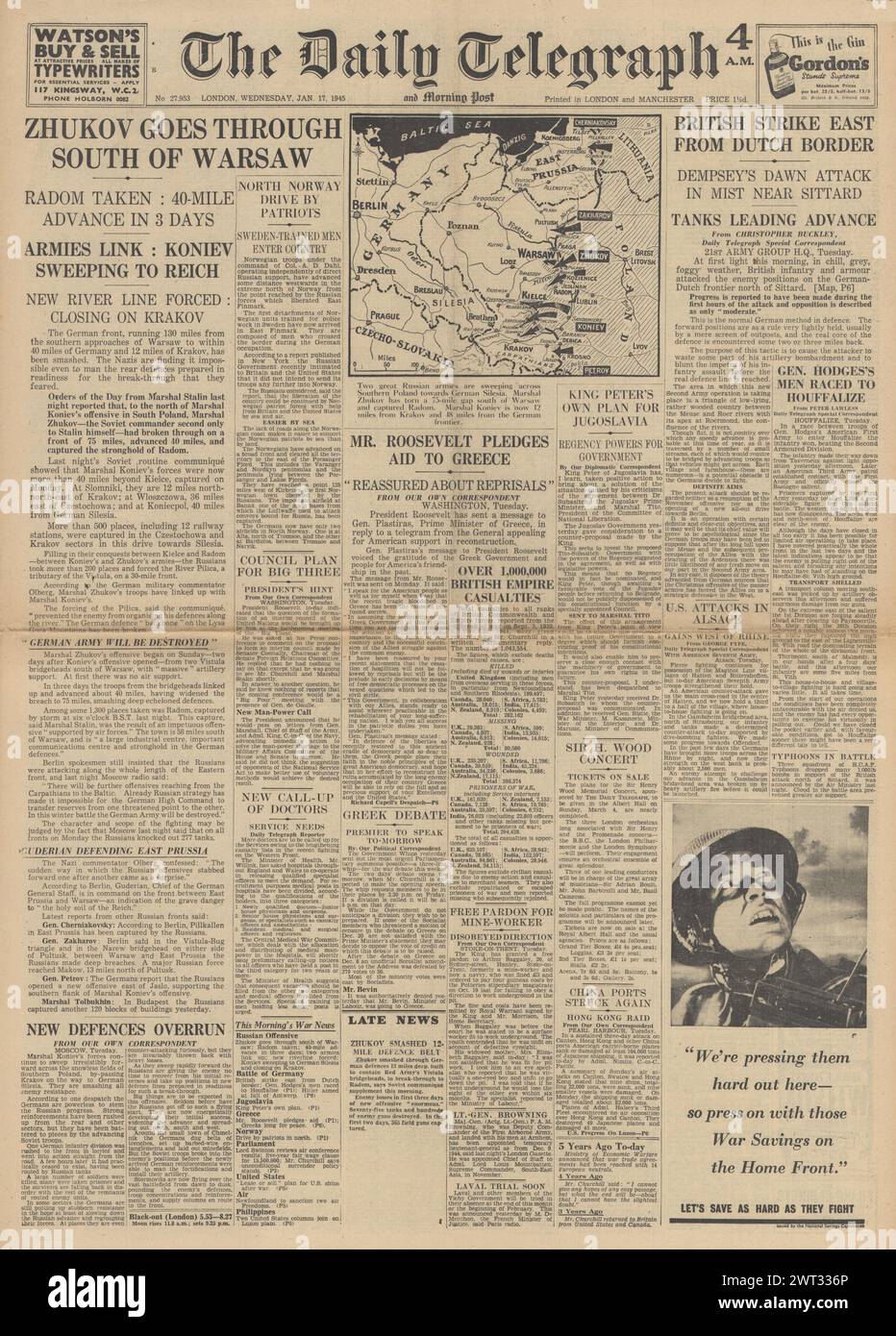 1945 The Daily Telegraph front page reporting Red Army advance towards ...
