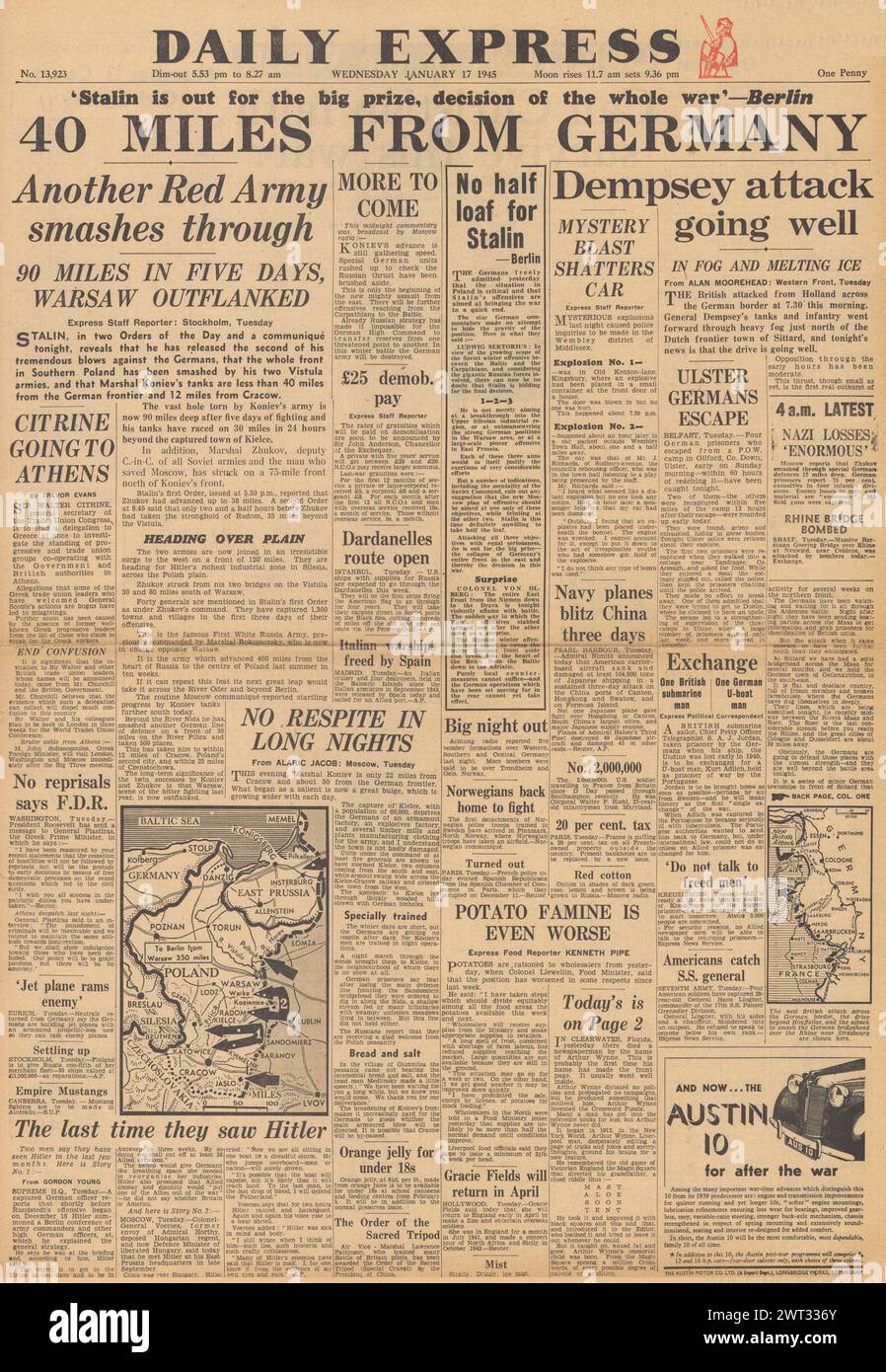 1945 Daily Express front page reporting Red Army advance in Poland ...
