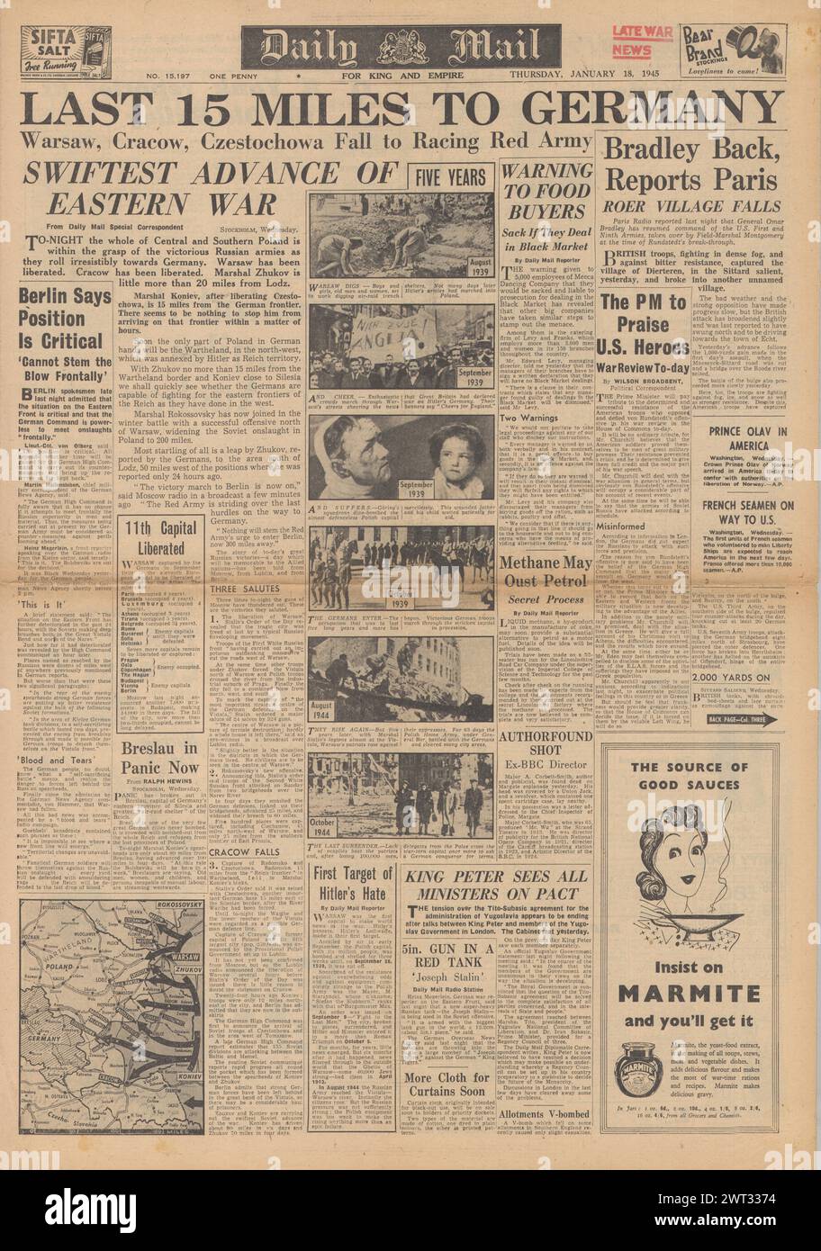 1945 Daily Mail front page reporting Red Army capture Warsaw and Krakow ...