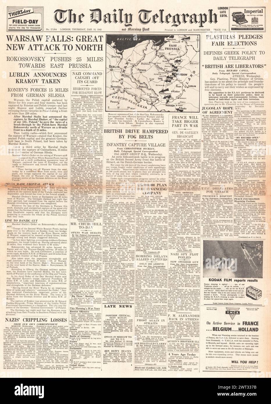 1945 The Daily Telegraph front page reporting Red Army capture Warsaw ...