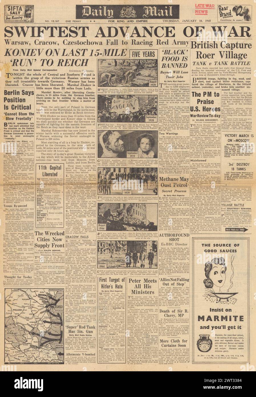 1945 Daily Mail front page reporting Red Army capture Warsaw and Krakow ...