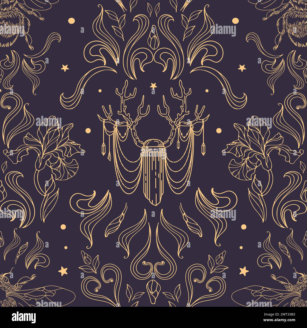 Deer antlers, crystal, Golden bumblebee, stars and leaves, dark ...