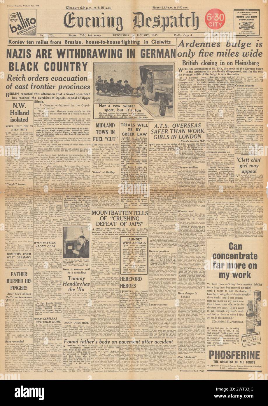 1945 Evening Despatch front page reporting Red Army advance in Silesia ...