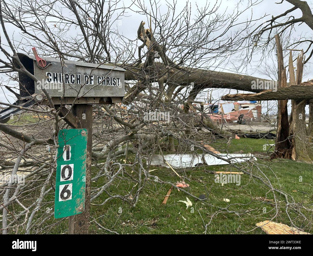 The remains of a destroyed church are seen in Winchester, Ind., on ...