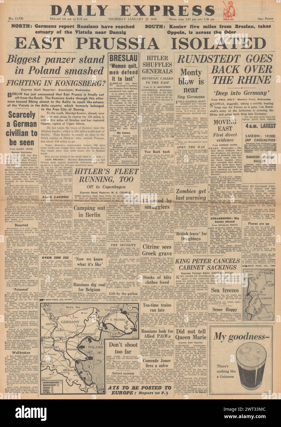 1945 Daily Express front page reporting Red Army isolate East Prussia ...