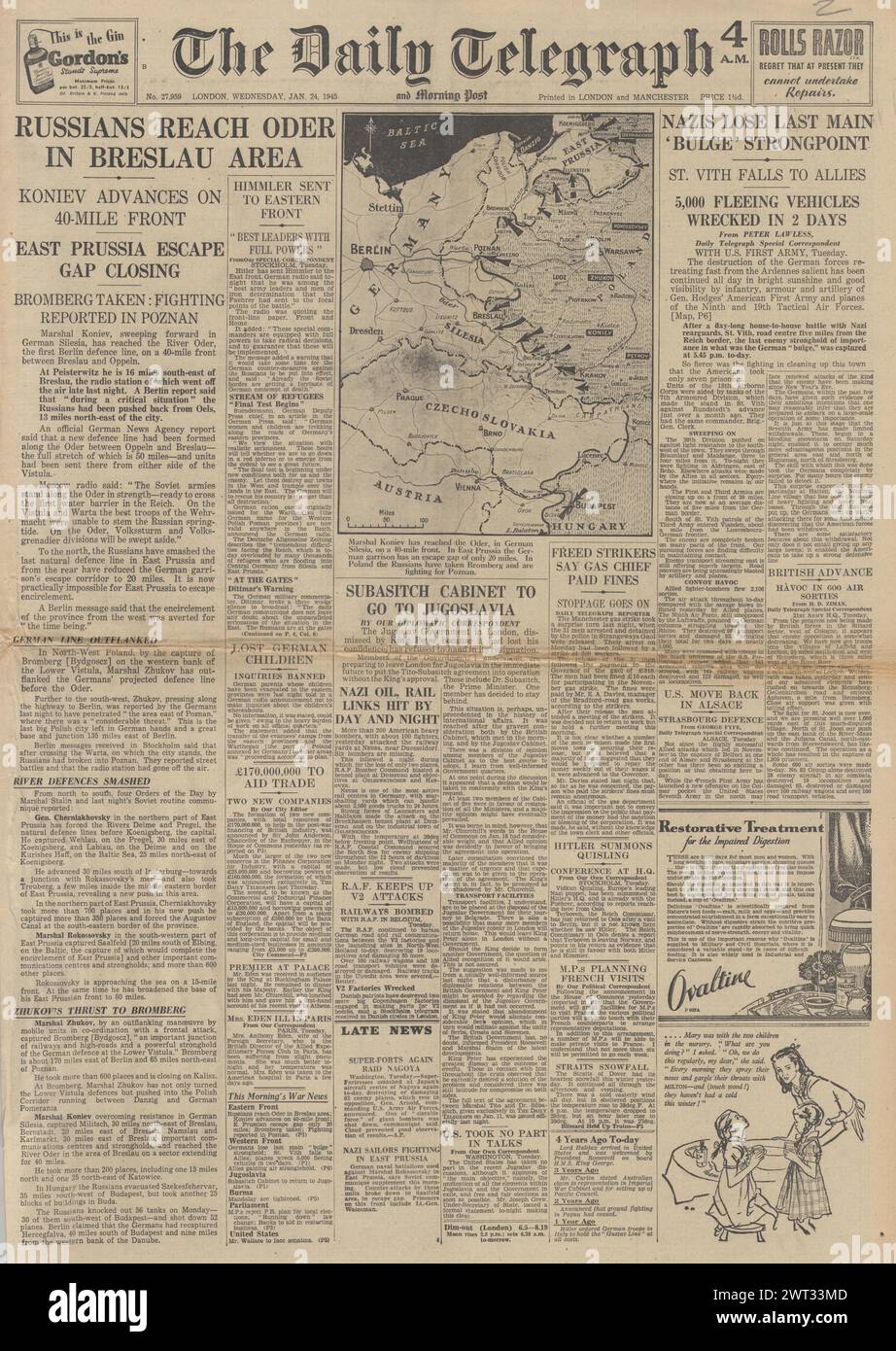 1945 The Daily Telegraph front page reporting Red Army reach River Oder ...