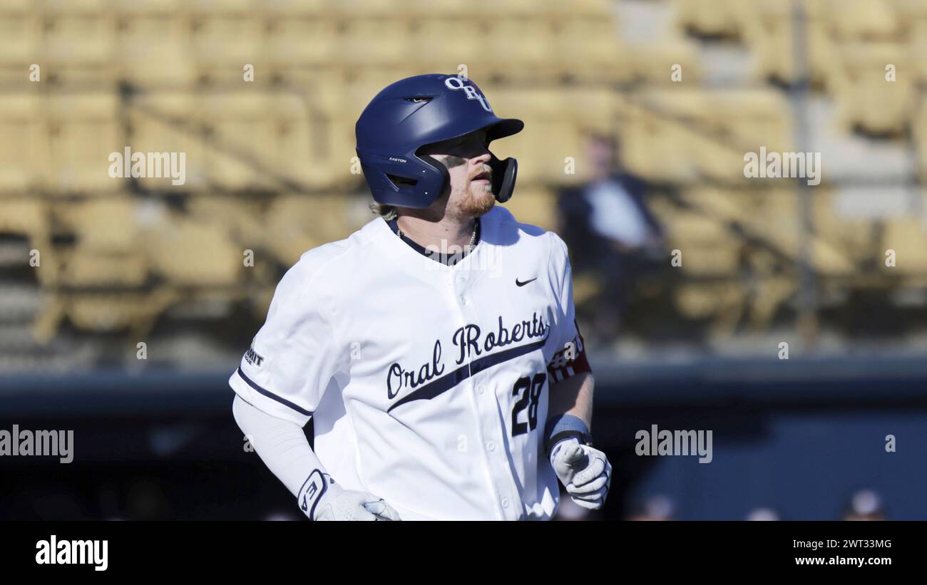 Oral Roberts' Drew Stahl runs to first base during an NCAA baseball ...