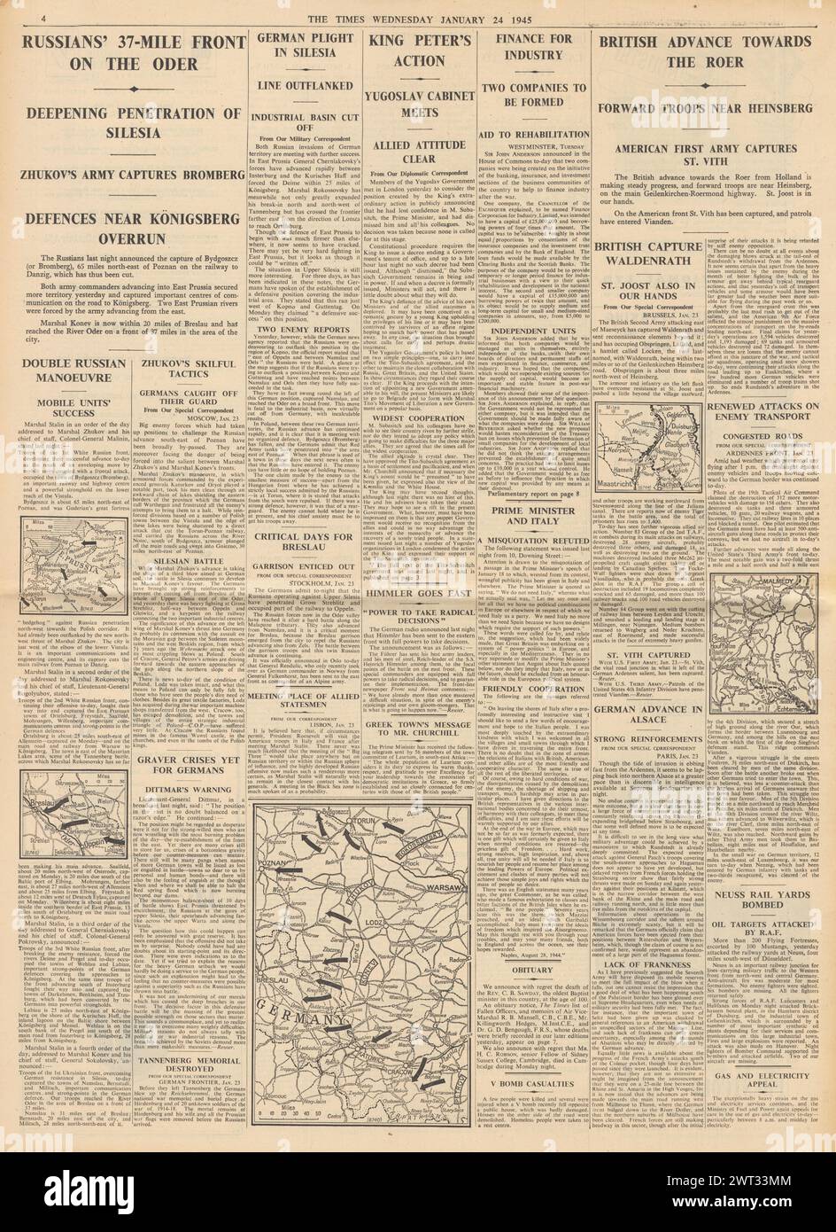 1945 The Times reporting Red Army reach River Oder, Battle of the Bulge ...
