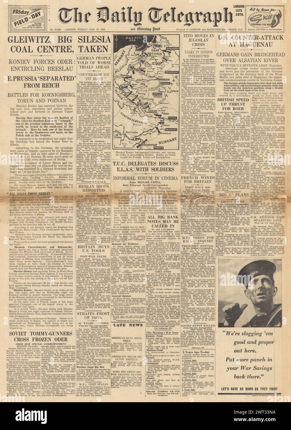 1945 The Daily Telegraph front page reporting Red Army capture Gleiwitz ...