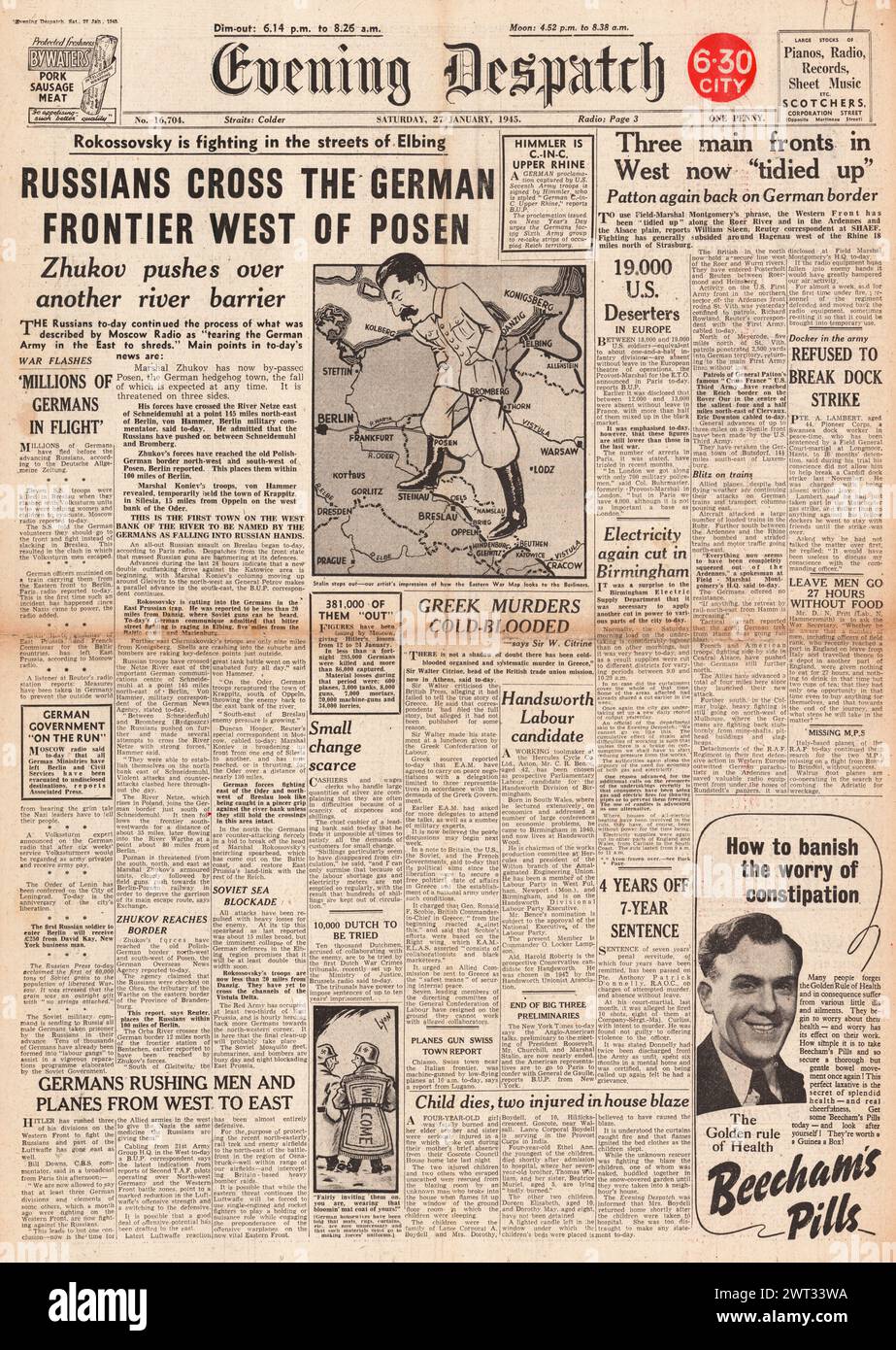 1945 Evening Despatch front page reporting Red Army advance on Posen ...