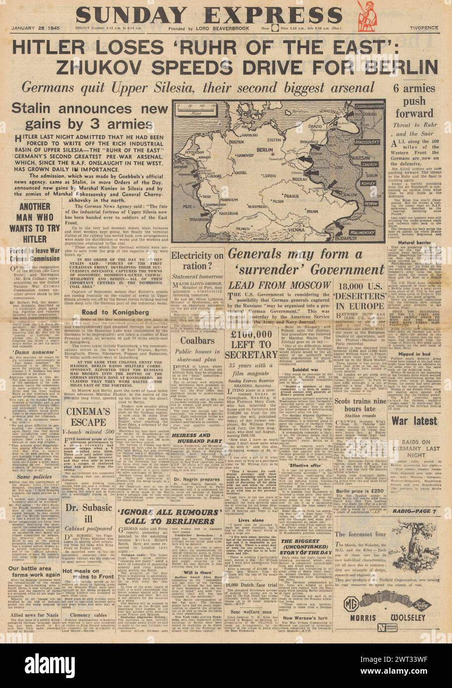1945 Sunday Express front page reporting Red Army advance in Silesia ...