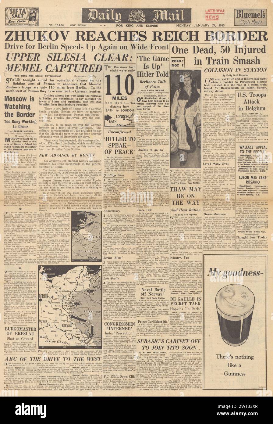 1945 Daily Mail front page reporting Zhukov reaches German border ...