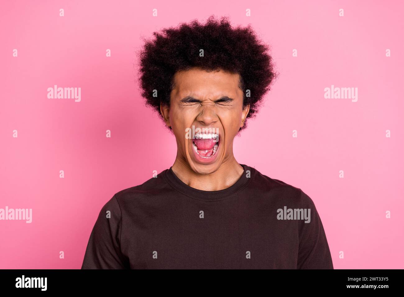 Closeup photo of emotional madness stressful young funny angry guy wear ...