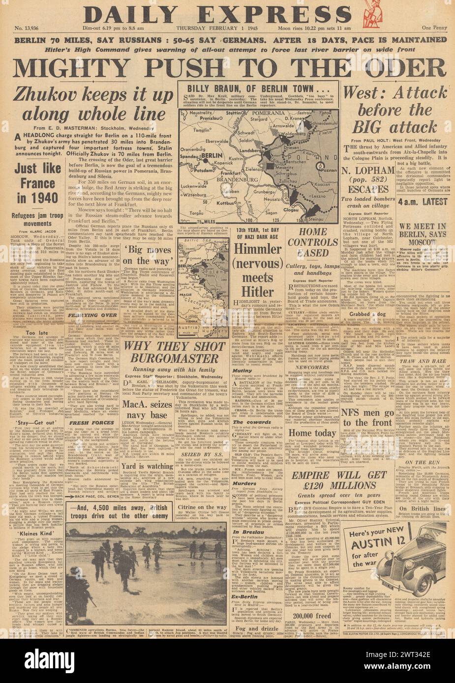 1945 Daily Express front page reporting Red Army advance on Oder Stock ...