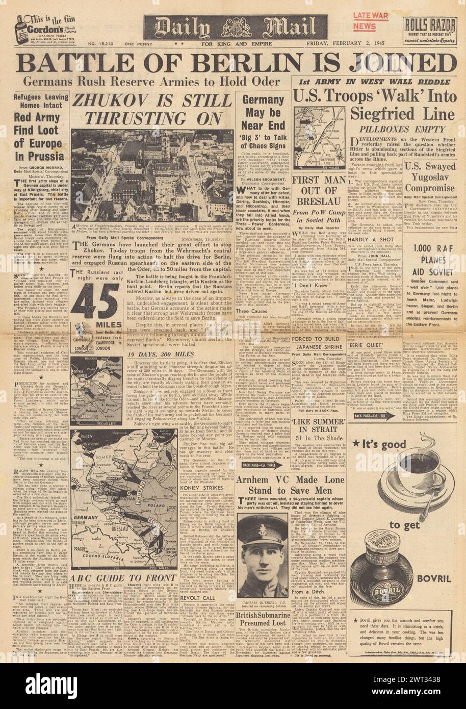 1945 Daily Mail front page reporting Red Army advance on Oder, US ...