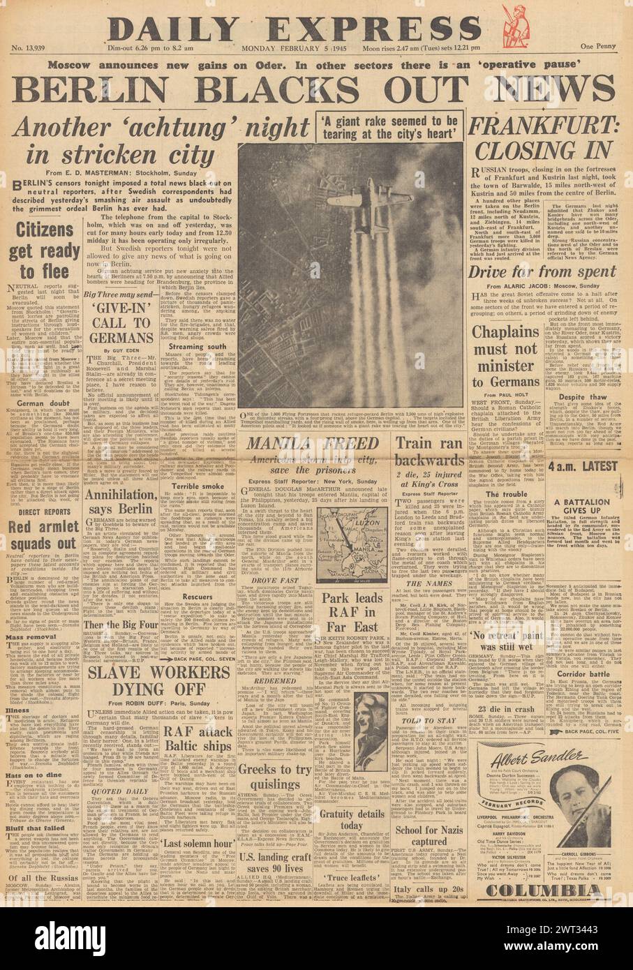 1945 Daily Express front page reporting Red Army advance on Oder and ...