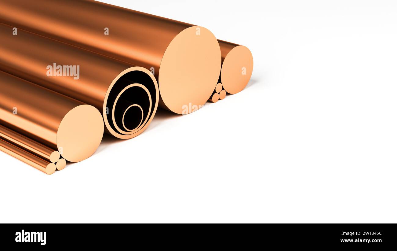 Copper rods and pipes. Isolated. 3d illustration Stock Photo - Alamy