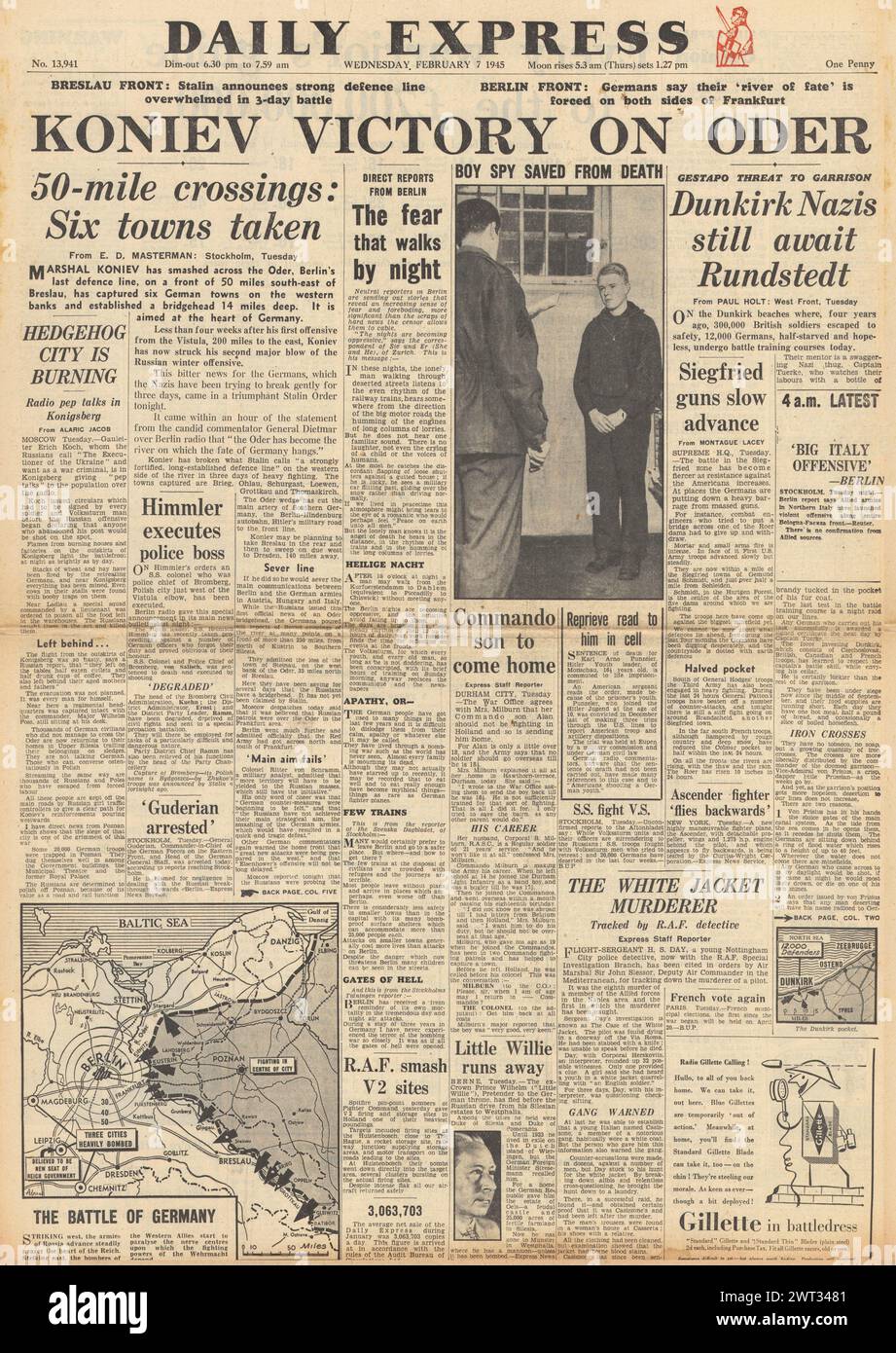 1945 Daily Express front page reporting Red Army advance on the Oder ...