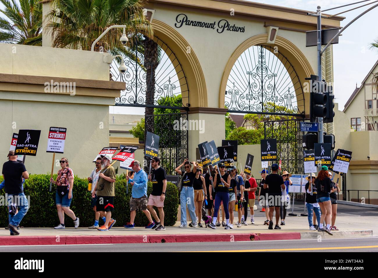A wide-angle of the picket line during the writers and actors strike at ...