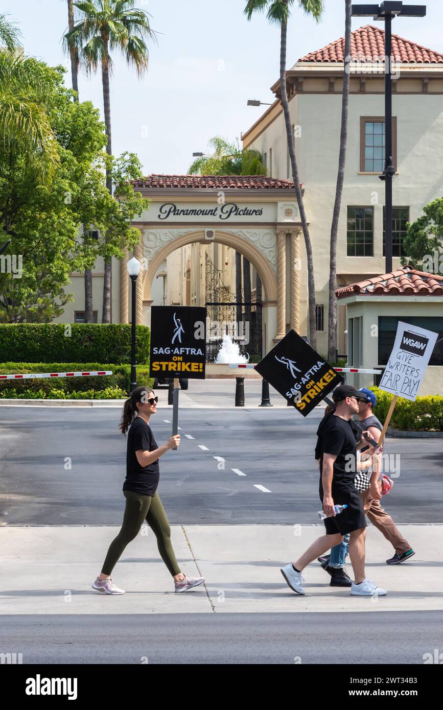 A wide-angle of the picket line at writers and actors strike at ...