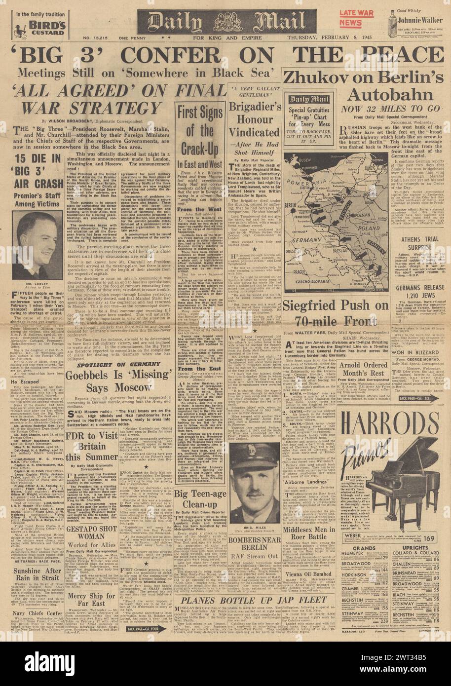 1945 Daily Mail front page reporting Red Army advance on Berlin, Yalta ...