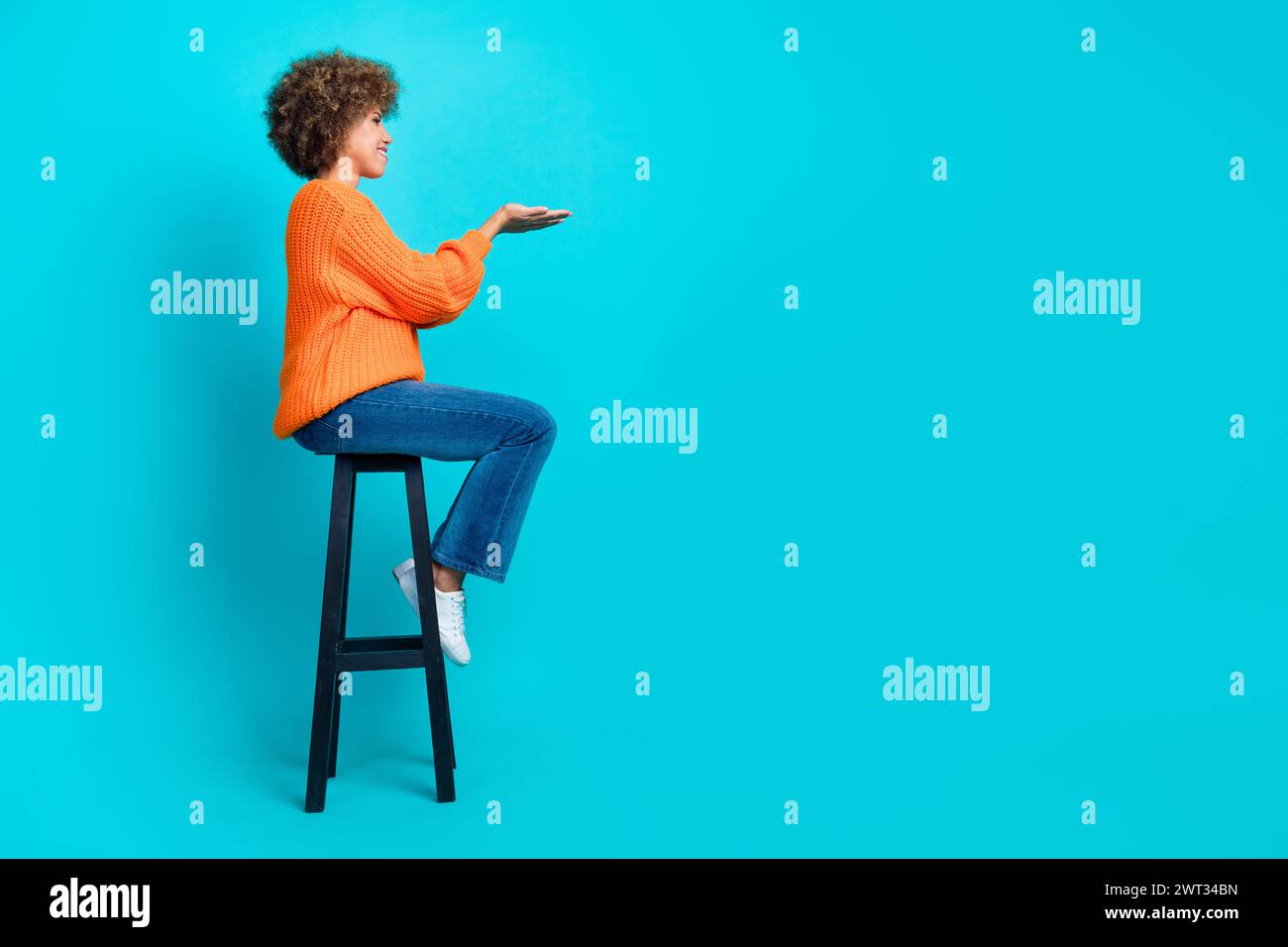 Full body profile portrait of pretty nice lady sit stool arms hold ... Full body profile portrait of pretty nice lady sit stool arms hold ...