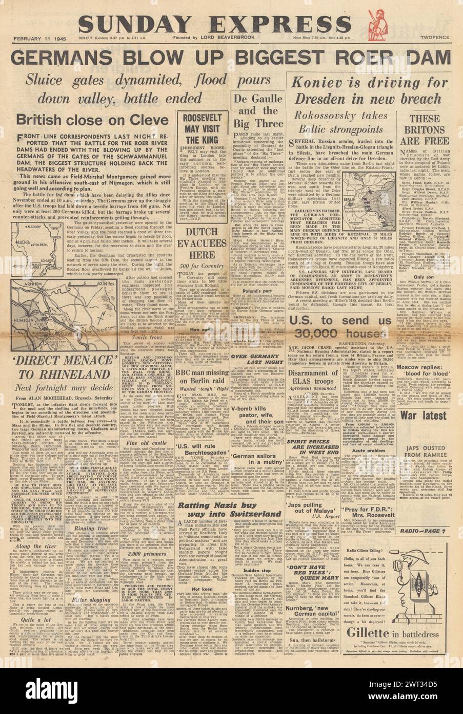 1945 Sunday Express front page reporting Red Army advance on Dresden ...