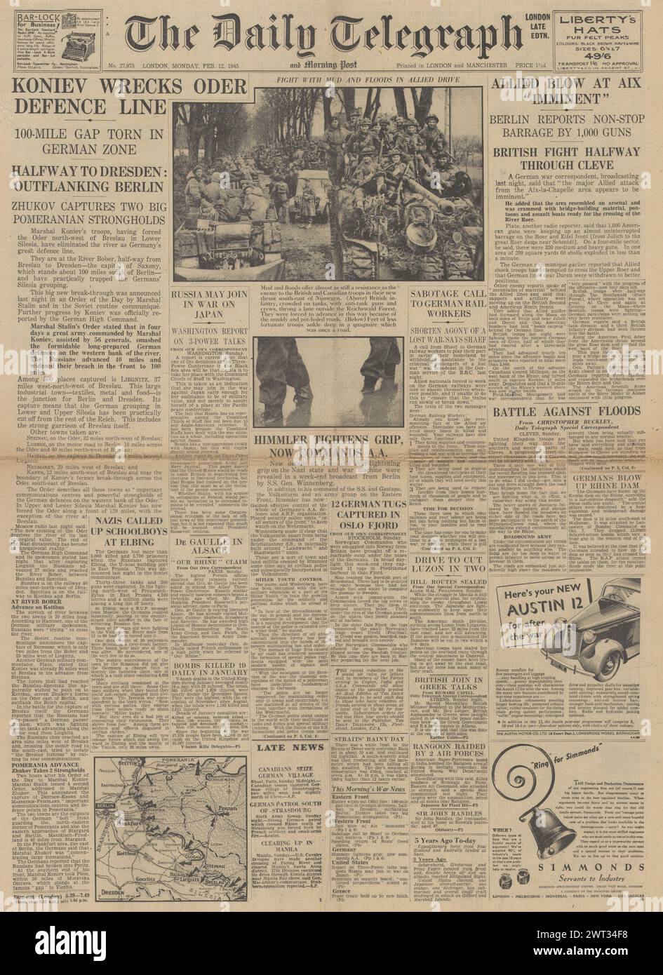 1945 The Daily Telegraph front page reporting Red Army advance in ...