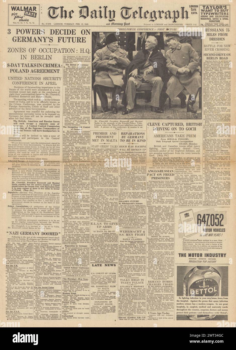 1945 The Daily Telegraph front page reporting Yalta Conference, Red ...