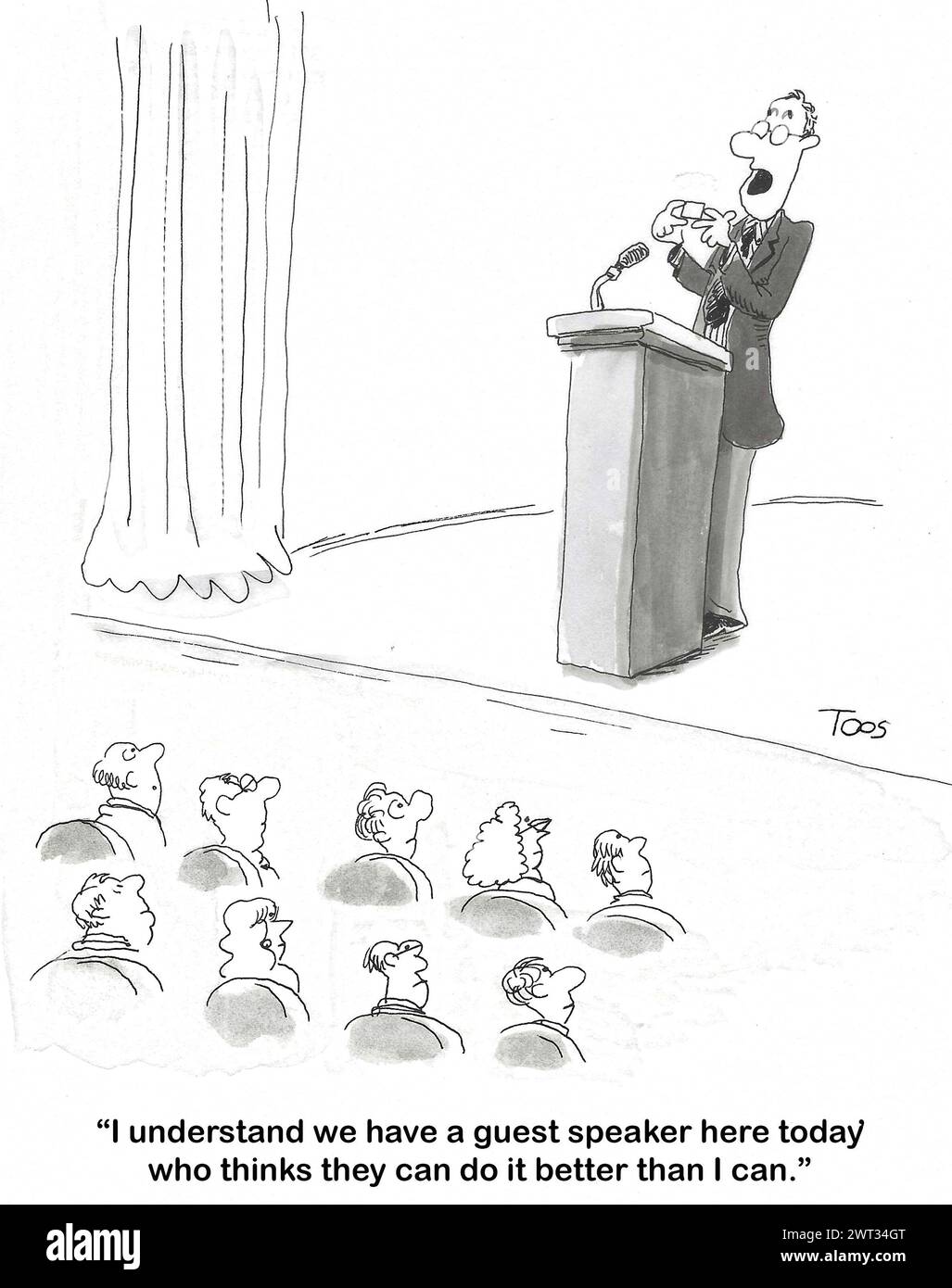BW cartoon of an emcee saying the guest speaker will be better than he ...