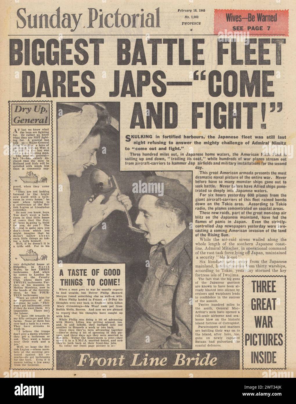 1945 Sunday Pictorial front page reporting US Navy fleet gathers near ...