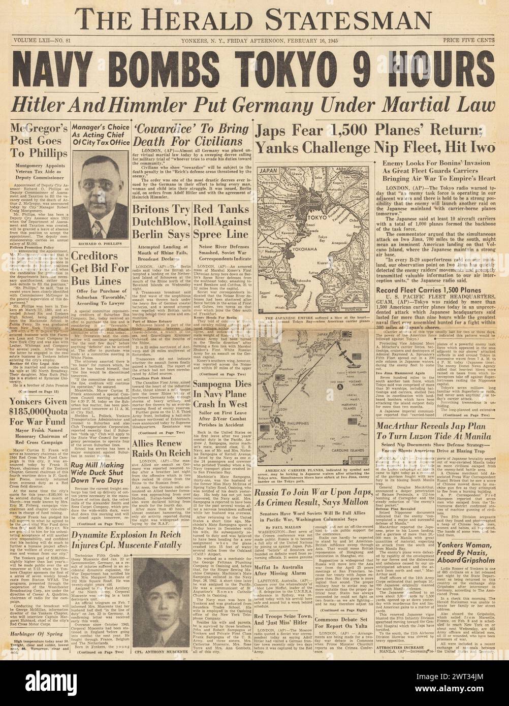 1945 The Herald Statesman front page reporting US Navy planes bomb ...