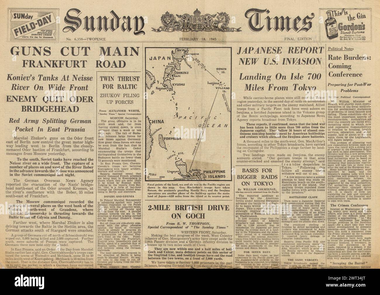 1945 Sunday Times front page reporting Battle of Iwo Jima and Red Army ...
