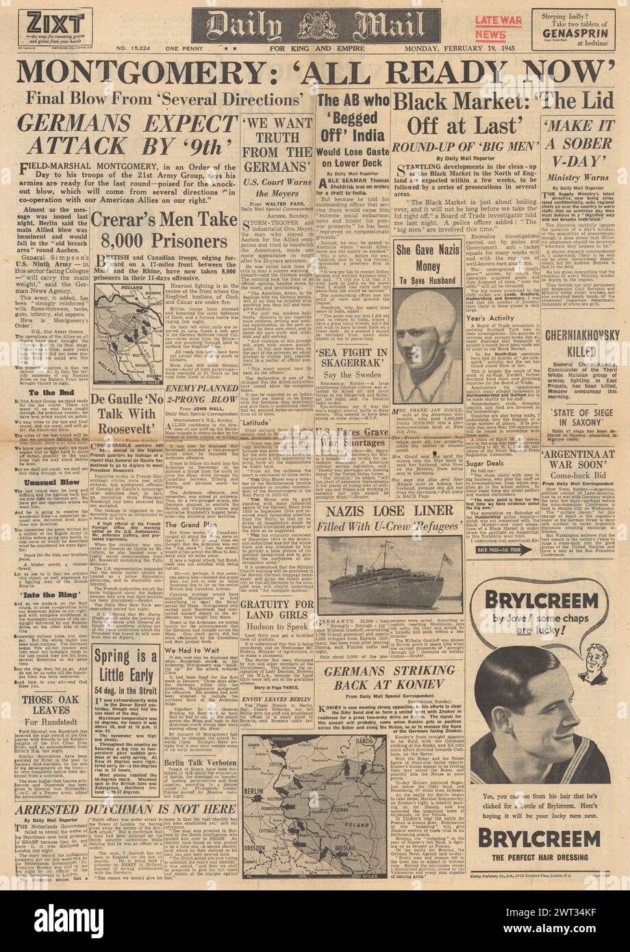 1945 Daily Mail front page reporting Allies ready for final push and ...