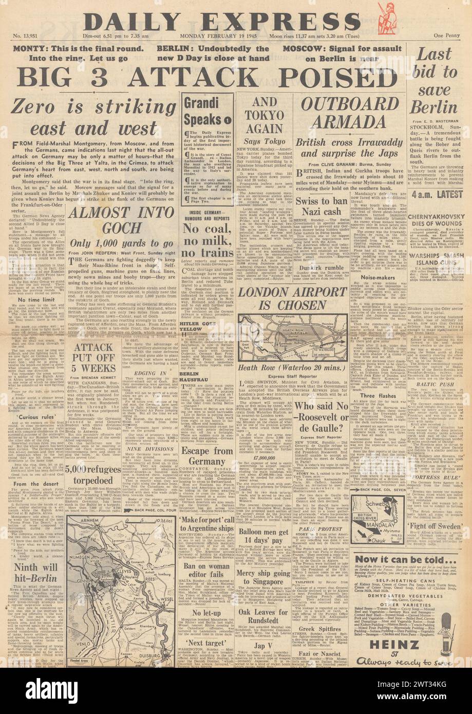 1945 Daily Express front page reporting Battle of Iwo Jima, Yalta ...