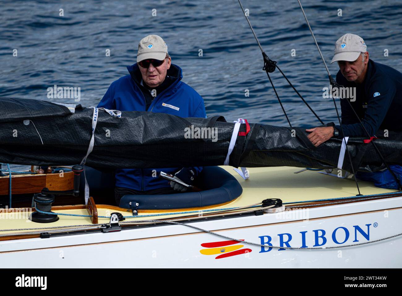 King emeritus Juan Carlos I (left) goes sailing in the Sanxenxo marina ...