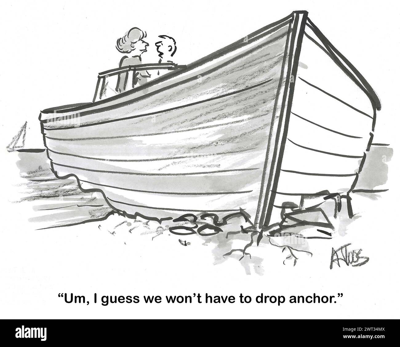 BW cartoon of a couple in a dinghy. It has accidentally hit shore Stock ...