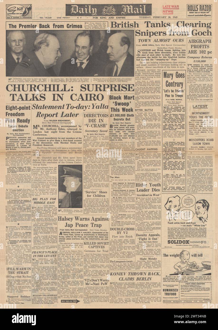 1945 Daily Mail front page reporting Churchill in Cairo, Battle for ...