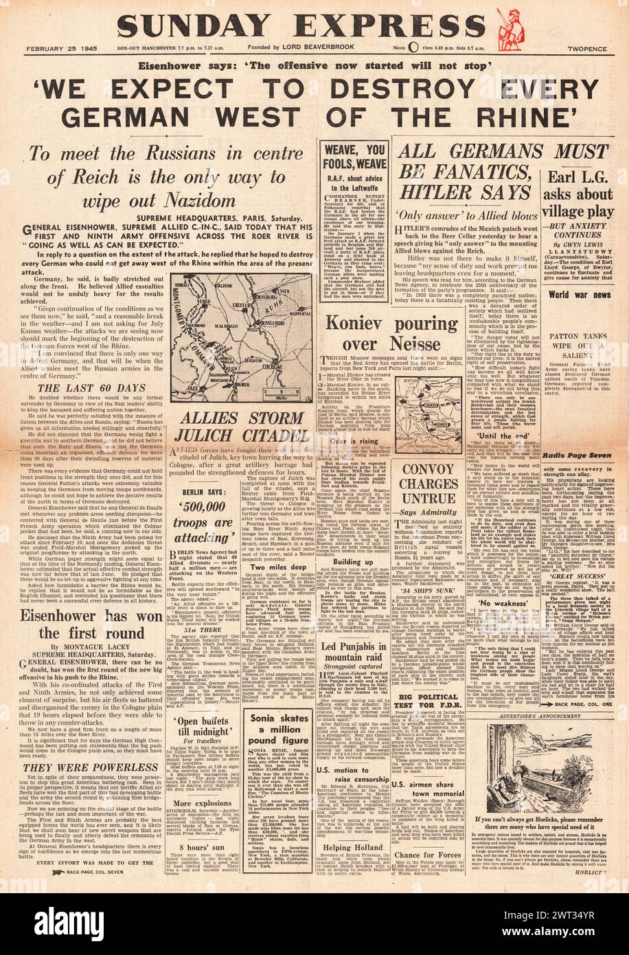 1945 Sunday Express front page reporting Red Army cross the Neisse ...
