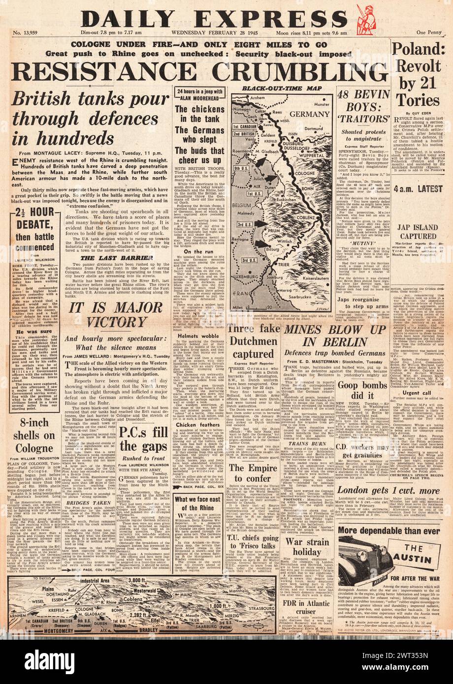 1945 Daily Express front page reporting German resistance crumbling ...