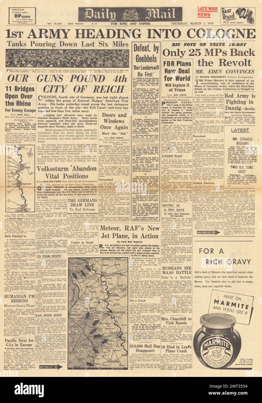 1945 Daily Mail front page reporting Battle for the Rhineland, Allies ...