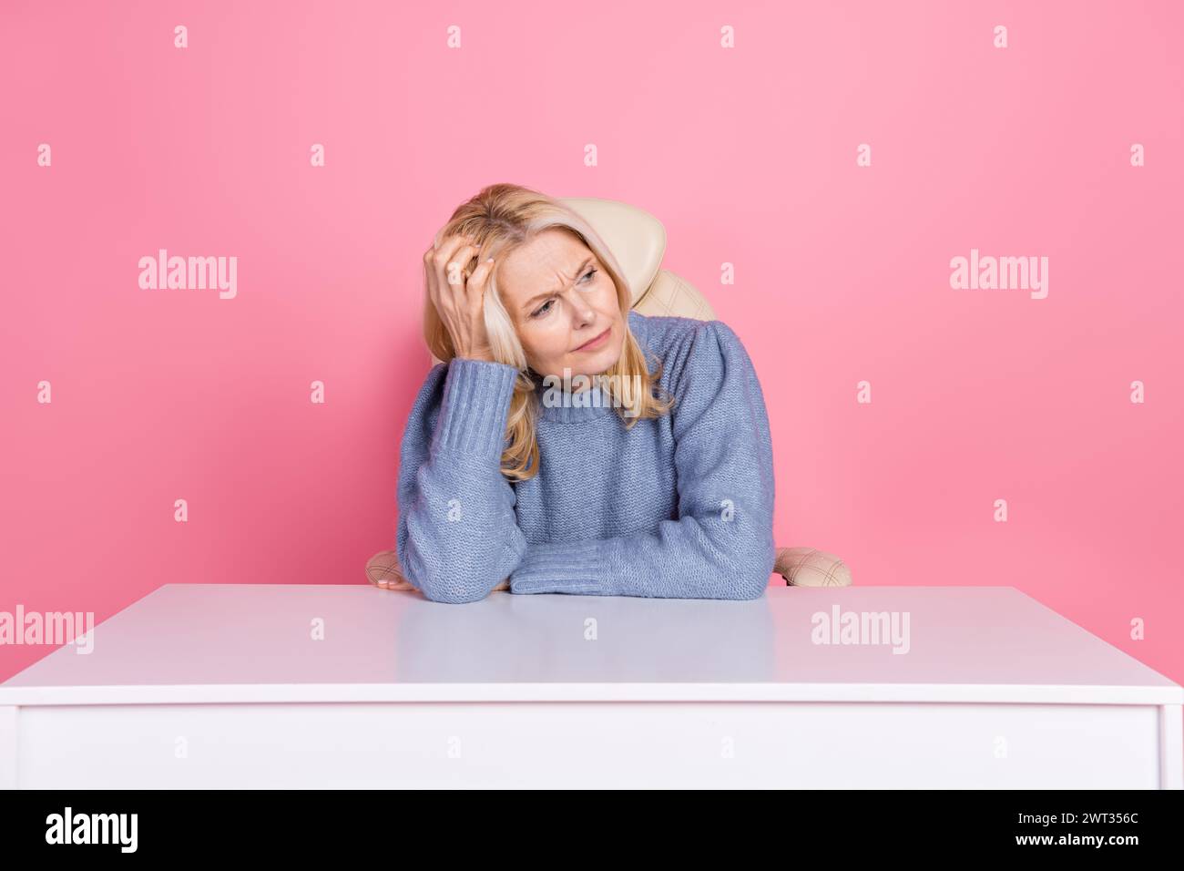 Photo of thoughtful bored lady dressed sweater feeling head ache ...