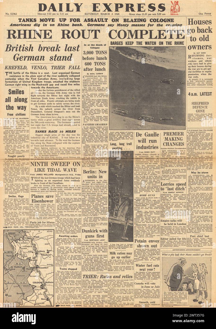 1945 Daily Express front page reporting Battle for the Rhineland and ...